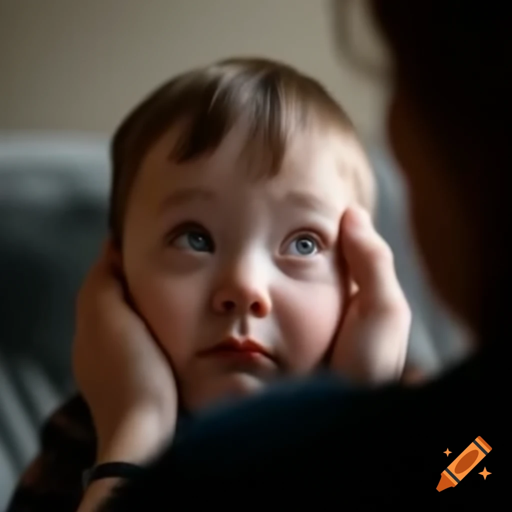 Welsh boy looking up at mother with curiosity and warmth in their ...