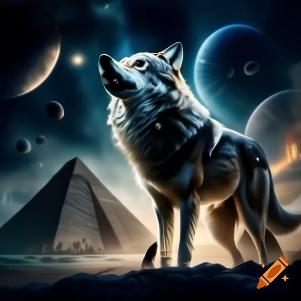 Silhouetted grey wolf against starry night sky and ancient jungle ...