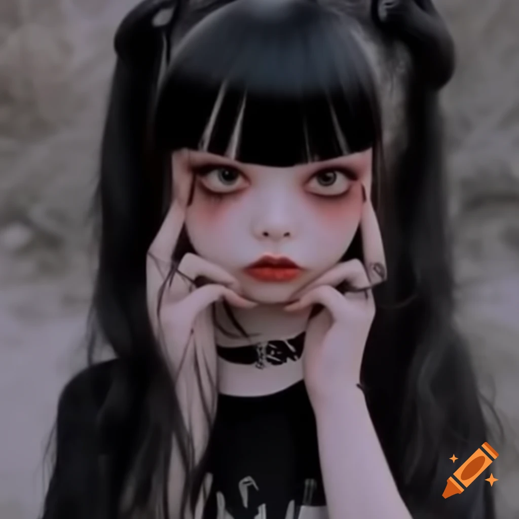 Cute goth girl with long black hair and bangs sitting on lap on Craiyon