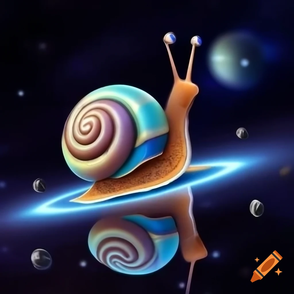 Whimsical jetpack snail soaring through cosmos leaving stardust trail ...