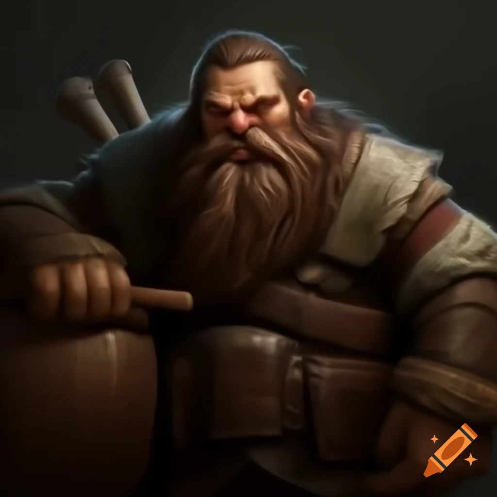 Mountain dwarf bard with braided beard pounding a war drum on Craiyon