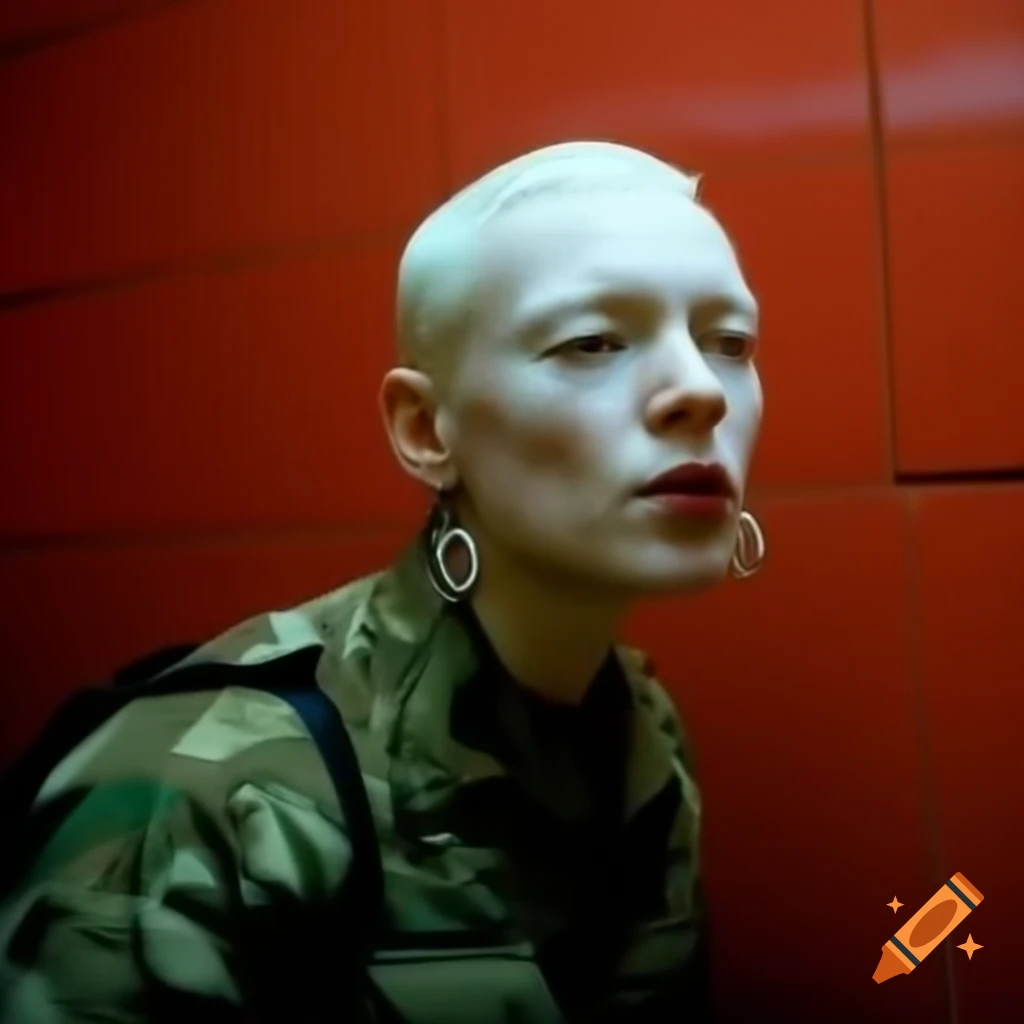 Albino soldier with dangling earrings in front of red wall on Craiyon