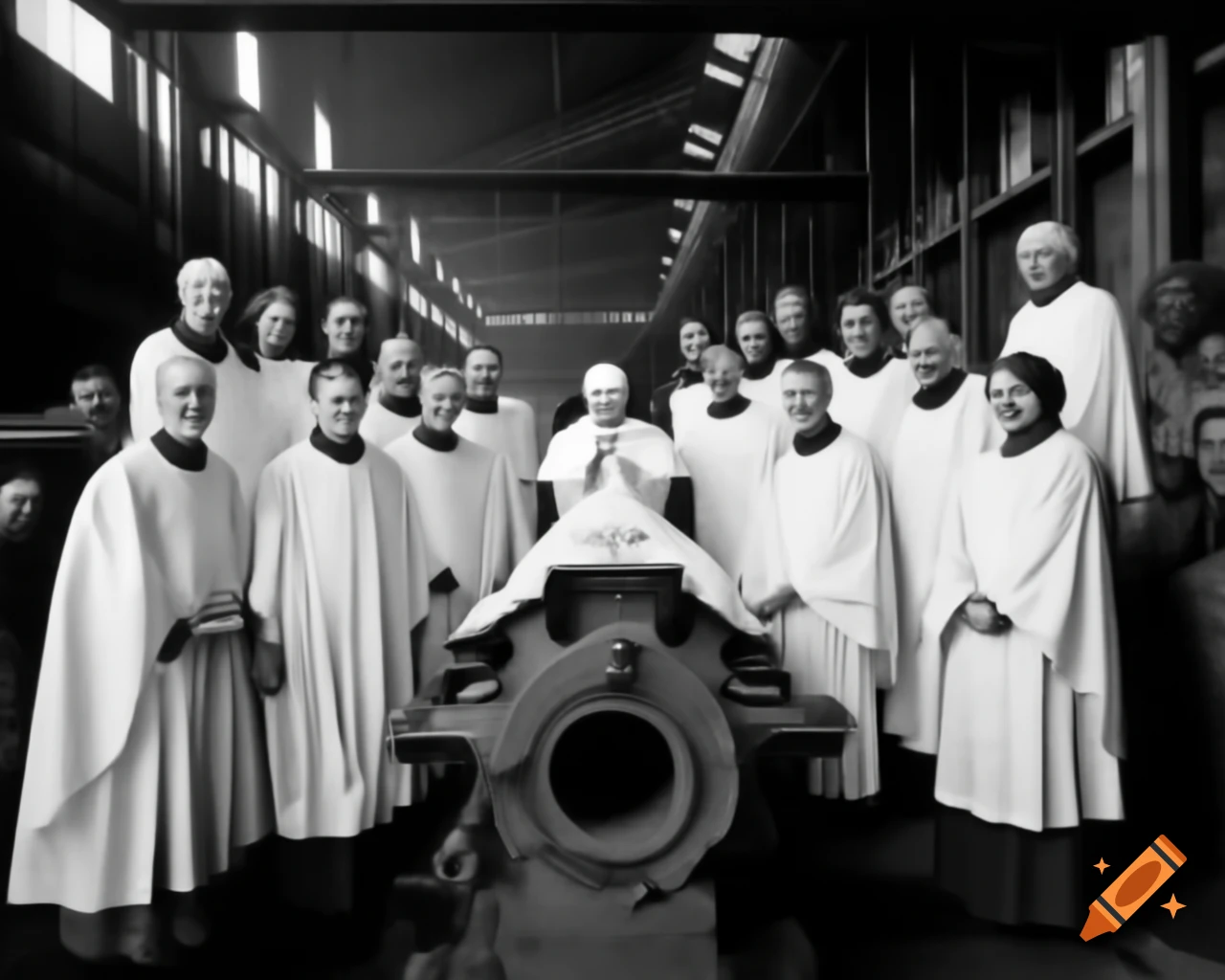Catholic choir in robes with pope, industrial lathe in scene on Craiyon