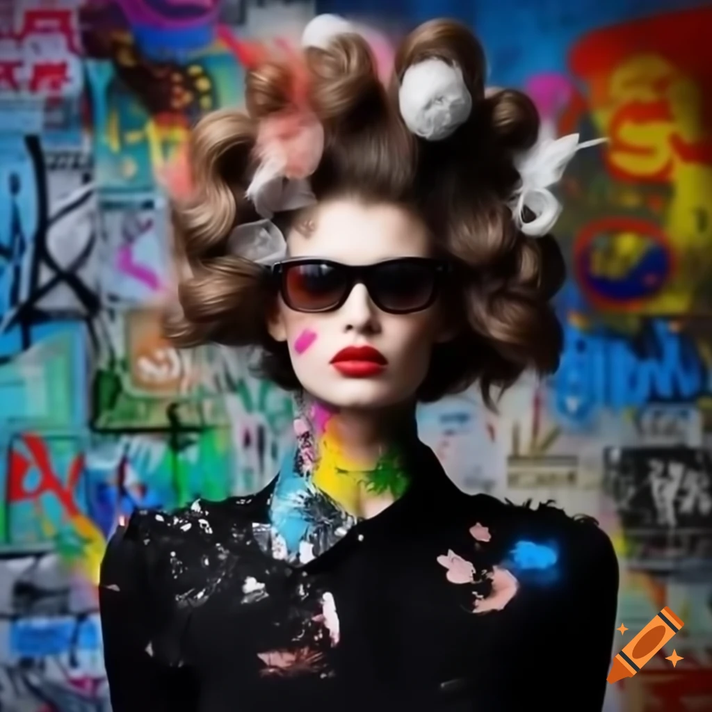Vogue model in neo-pop surreal portrait with vibrant spray paint and ...