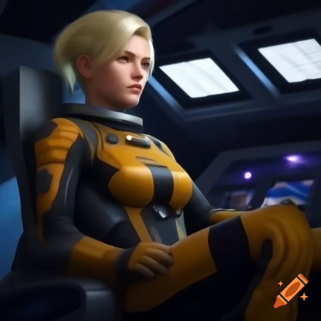 Female pilot in custom space suit inside futuristic starfighter cockpit ...