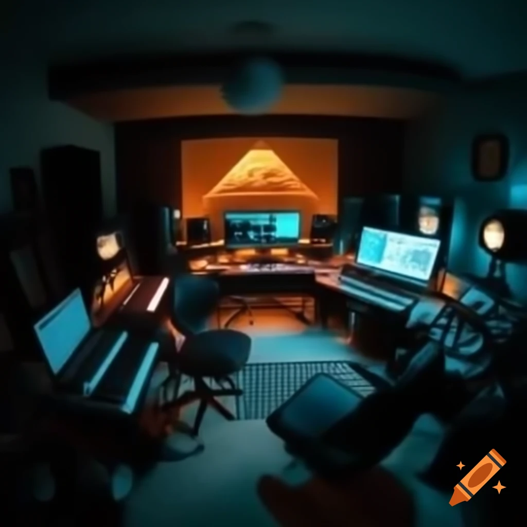 Cozy home recording studio at night with glowing sound panels and ...