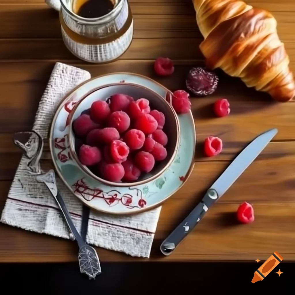 Wooden table set with raspberries, jam jar, croissant, and coffee on ...