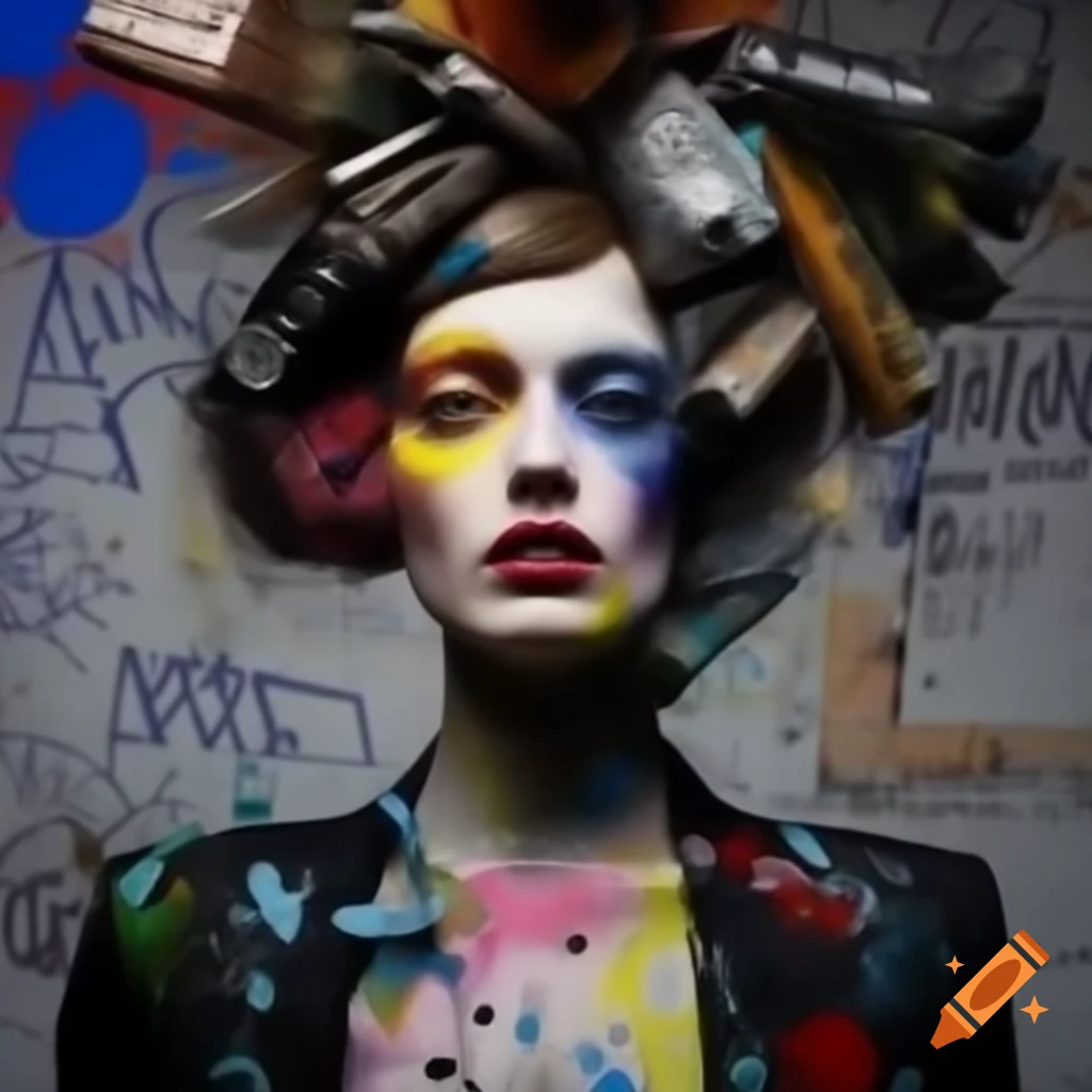 Vogue model in neo-pop surreal portrait with vibrant spray paint and ...
