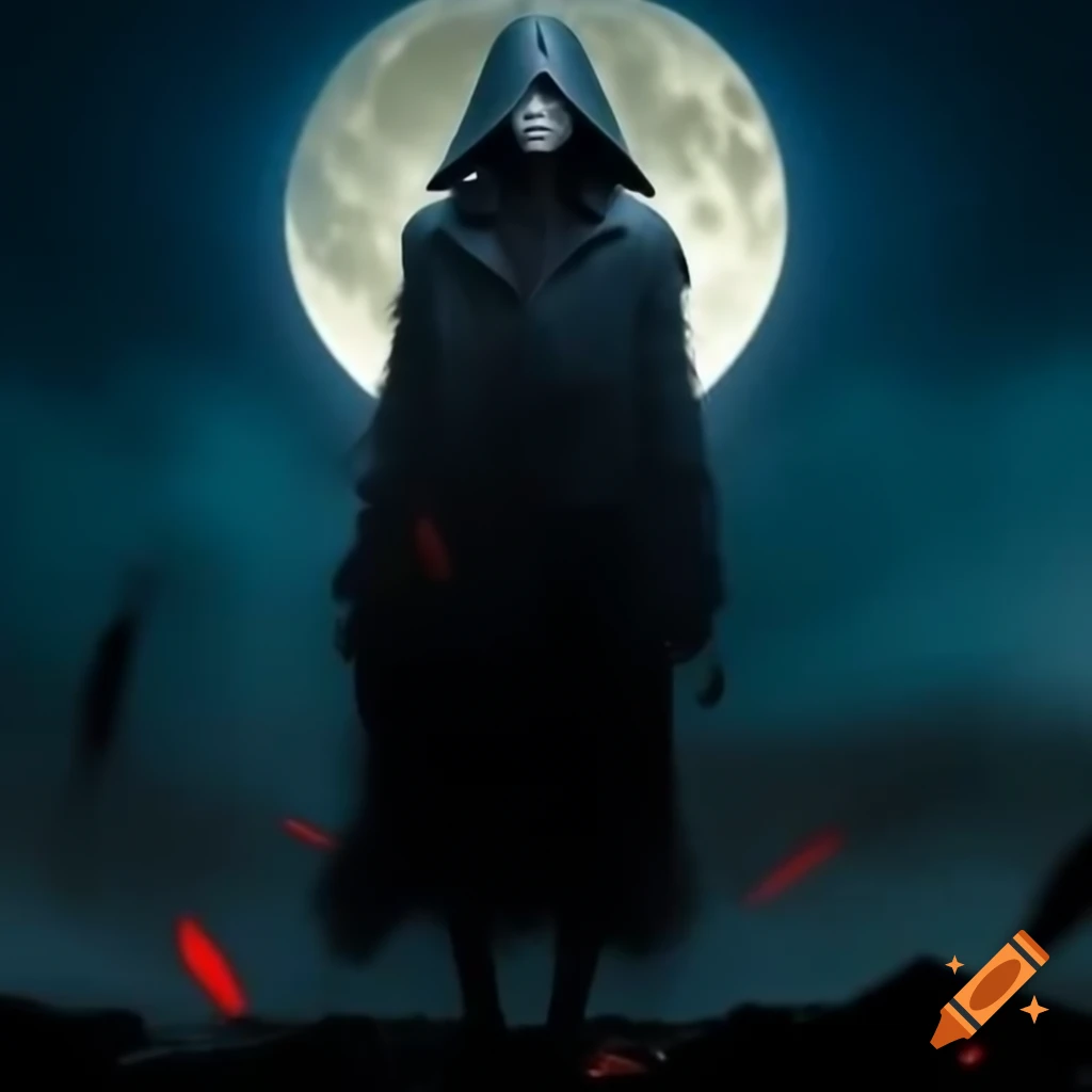 Spectral figure in dark clothing under full moon with red eyes and blue ...