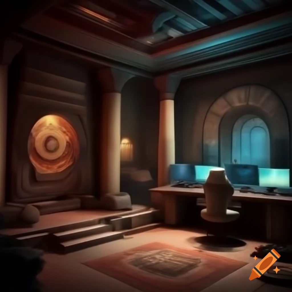 Gaming room inspired by ancient aztec temple with modern technology on ...