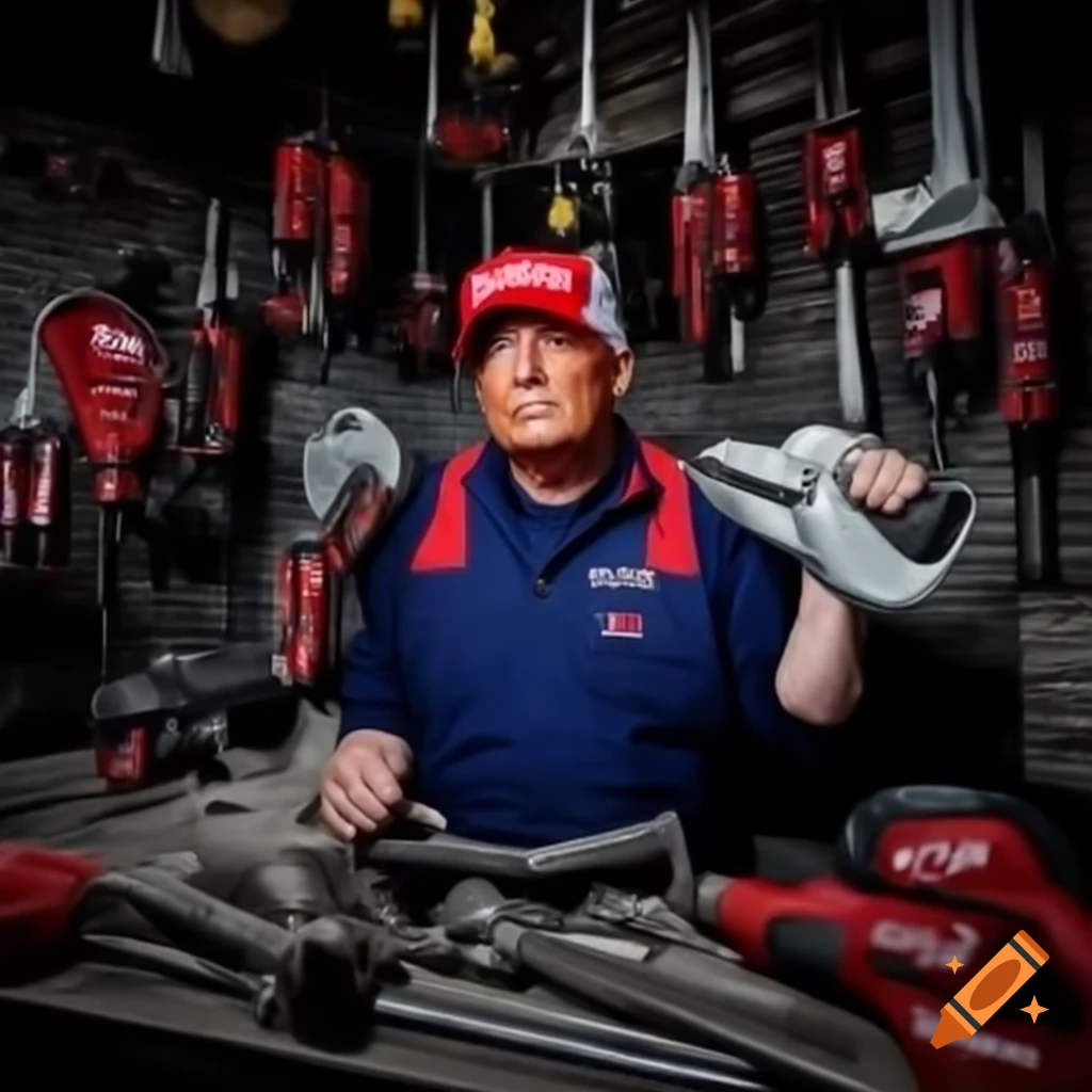 Donald Trump showcasing Milwaukee tools on Craiyon