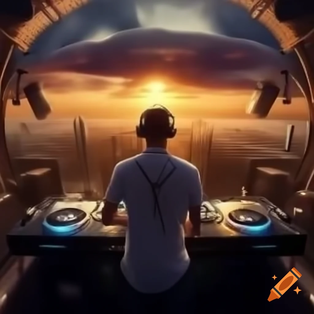 Rooftop bar at sunset with DJ overlooking alien landscape and heavenly ...