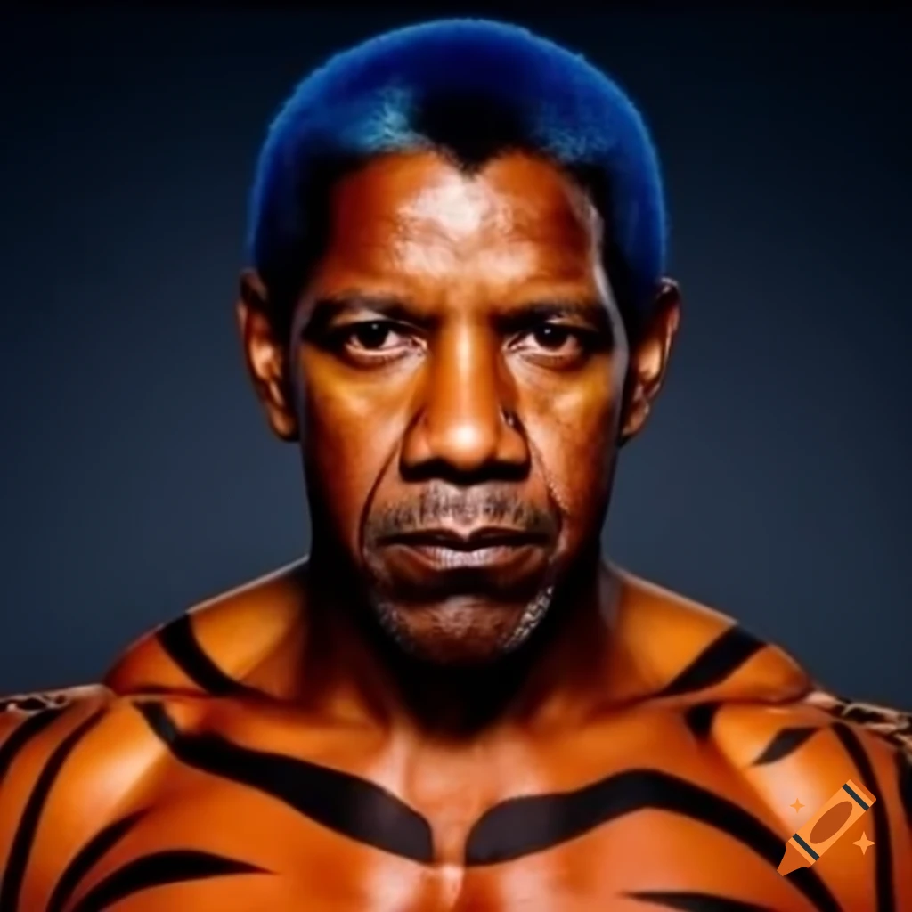 Muscular character with tiger-style makeup, blue hair and orange skin ...