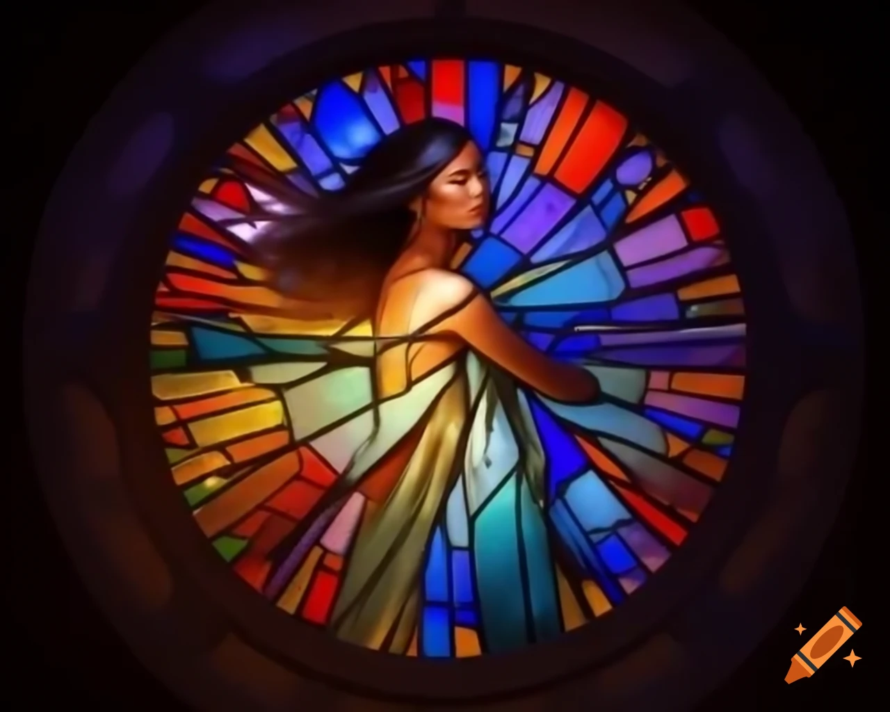 Illuminated stained-glass window of Calliope, the muse of epic poetry ...