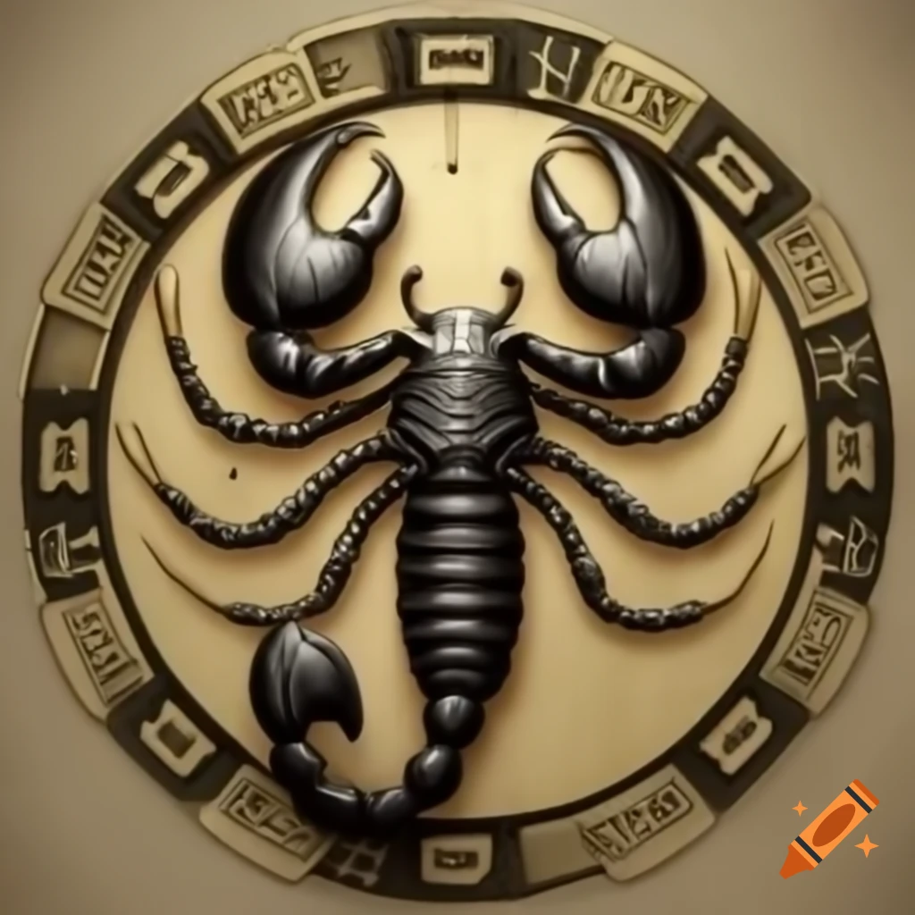 Detailed heraldic crest featuring scorpion with latin inscriptions on ...