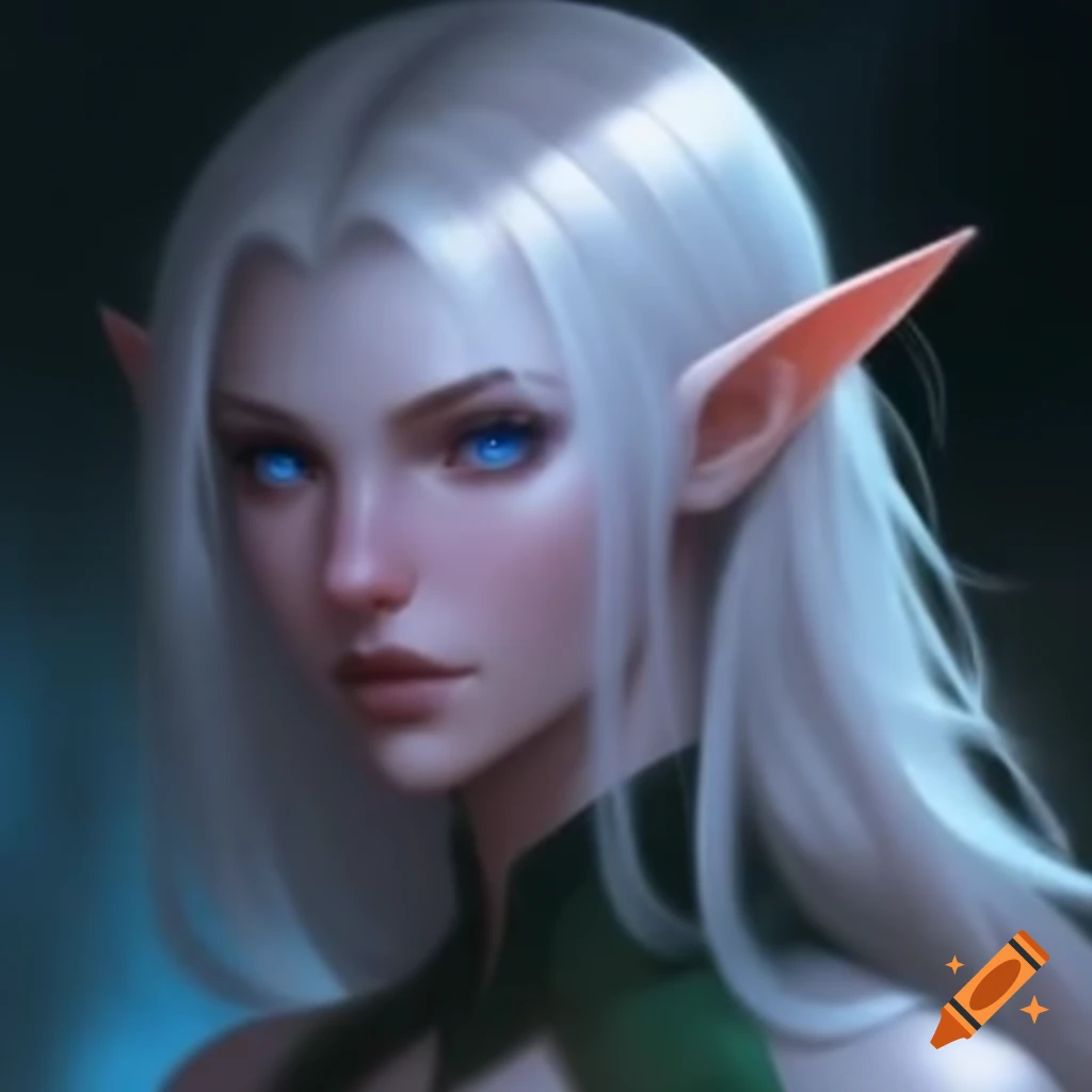 White-haired female elf with blue eyes and strong build in ethereal ...