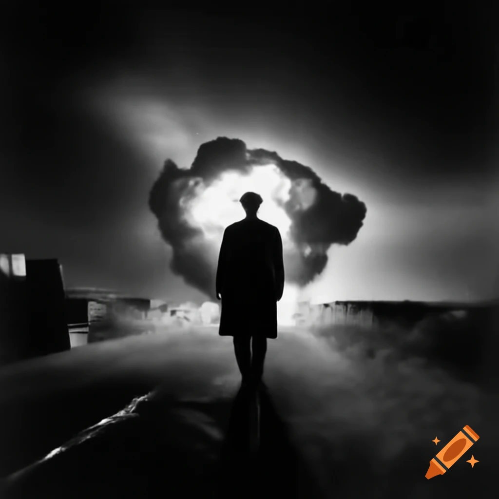 Oppenheimer observing the explosion of the bomb he created from behind ...