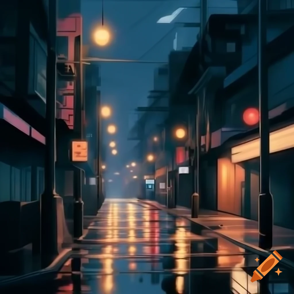 Anime-style city street at night with glowing streetlights and ...