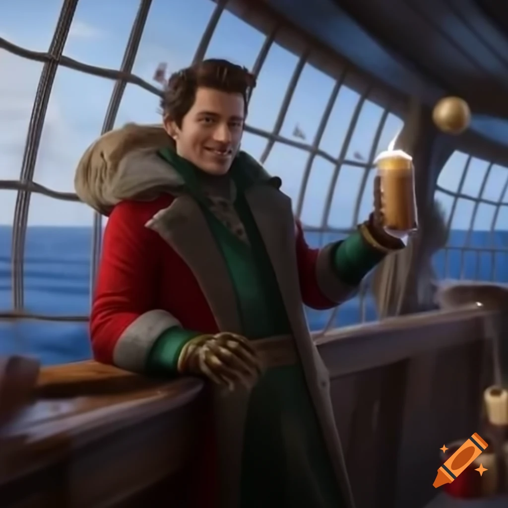 Captain Morgan celebrating Christmas on ship deck with eggnog on Craiyon
