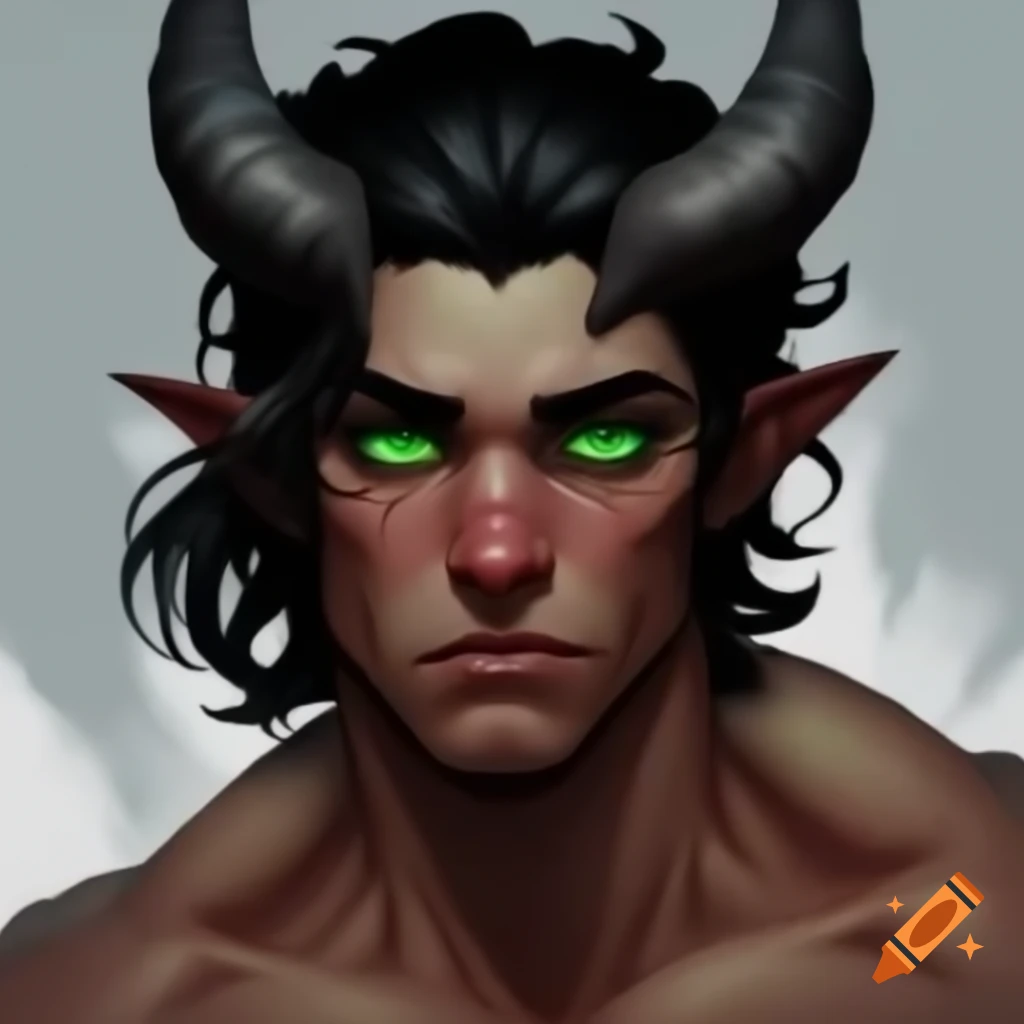 Male character with black horns and green eyes in a post-apocalyptic ...