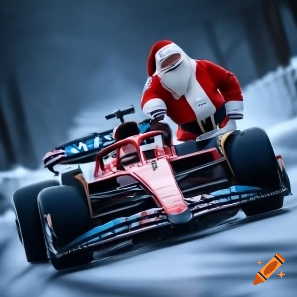 Santa claus racing in f1 car on snowy track with reindeer on Craiyon