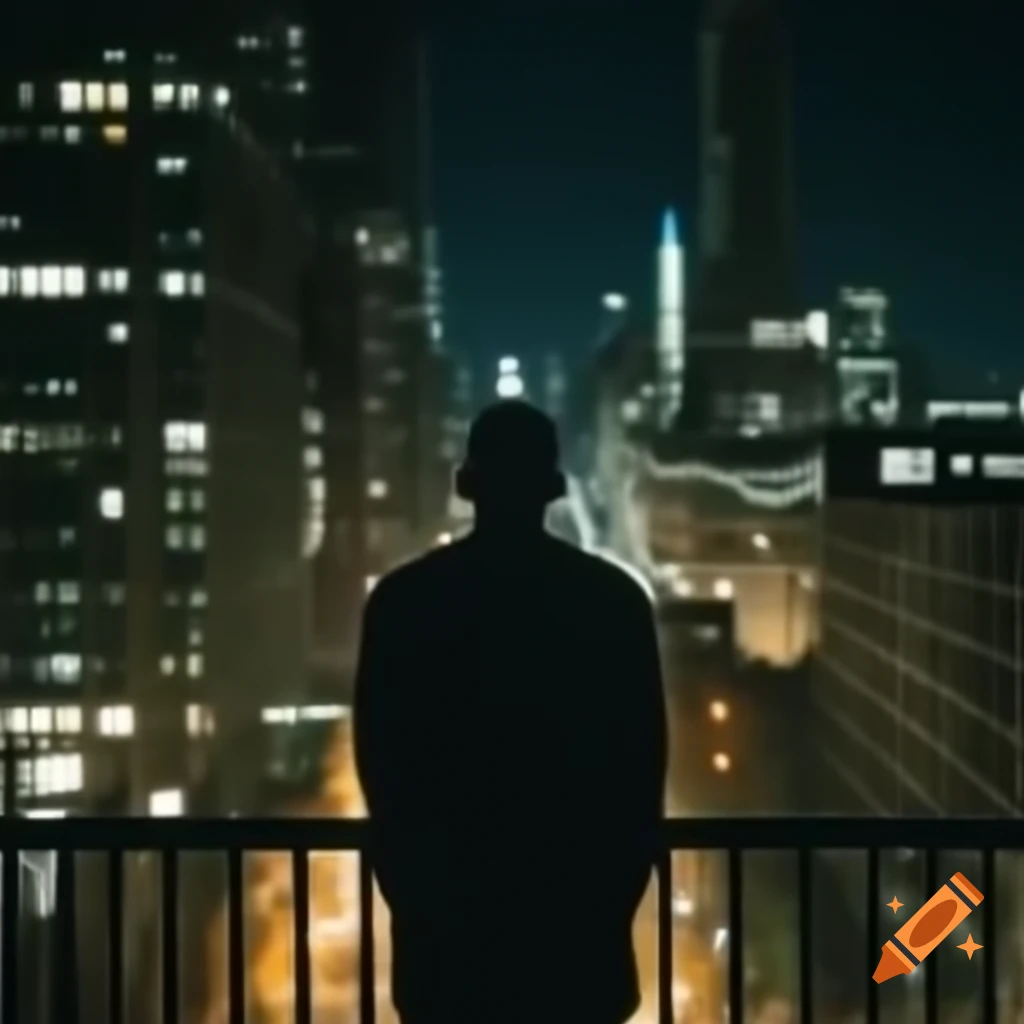 Man standing on balcony overlooking nyc skyline at night on Craiyon