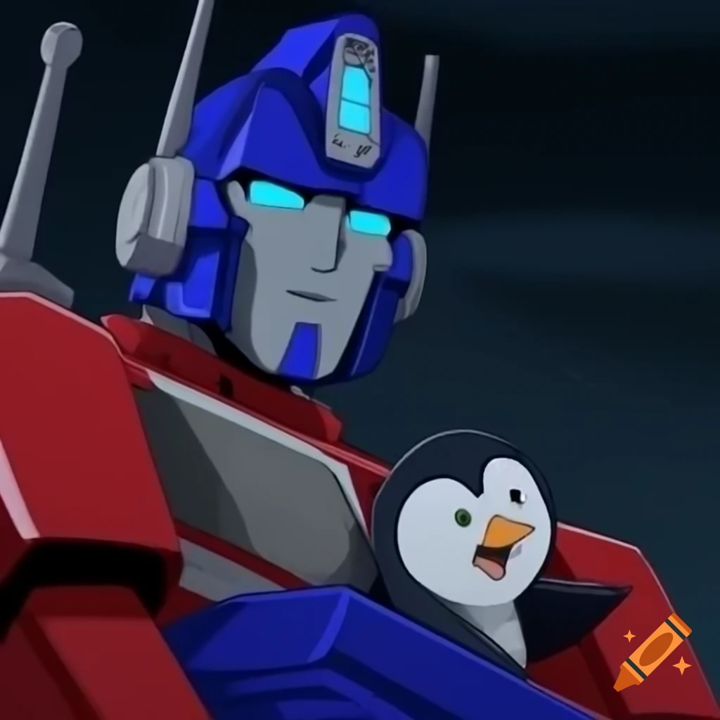 Optimus Prime transformer holding a cute penguin on Craiyon