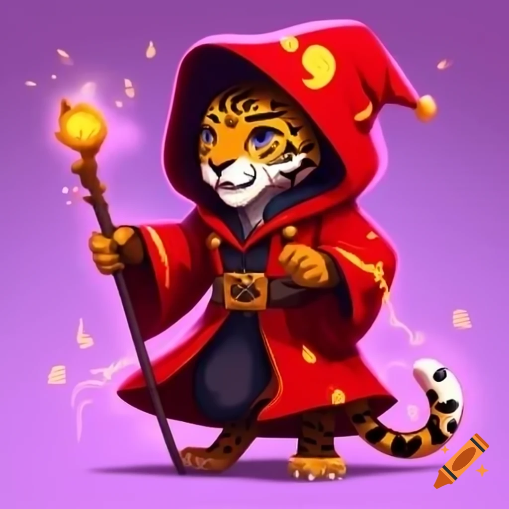 Anthropomorphic jaguar in red wizard robe casting a spell with magical ...