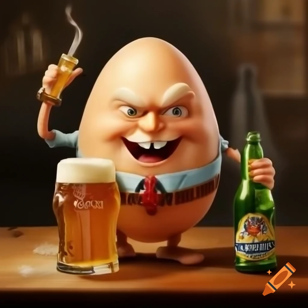 Humpty dumpty lassoing a beer bottle in a playful scene on Craiyon