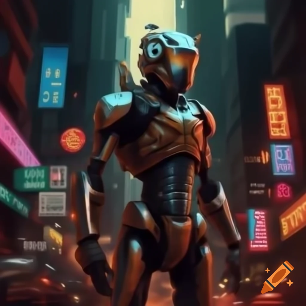 Chrome mantis with glowing circuits in neon cityscape, pixel art on Craiyon