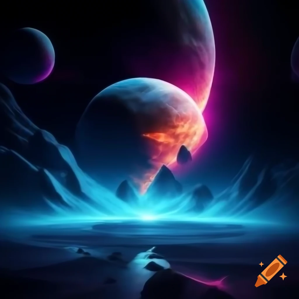 Vibrant outer space scene with neon colors and planet with rings on Craiyon