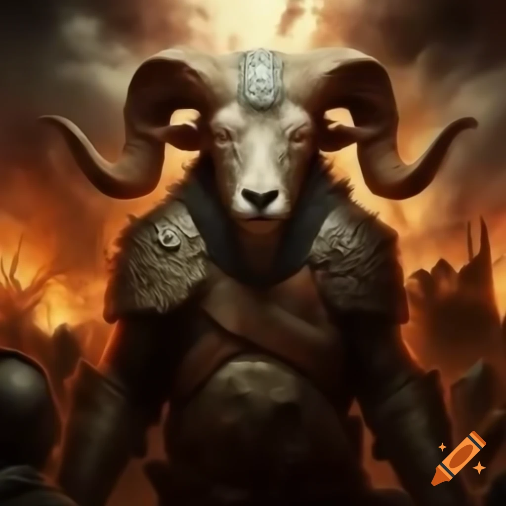 Monster warrior with ram's head leading demon army in chaotic war scene ...