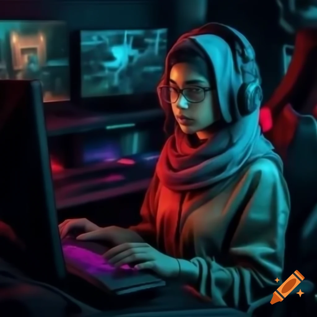 Hyper-realistic gamer girl in hijab in high-tech gaming bedroom on Craiyon