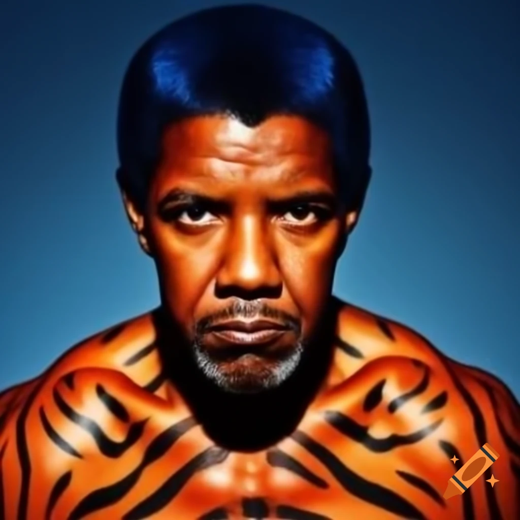 Muscular man with tiger-style makeup featuring blue hair and orange ...