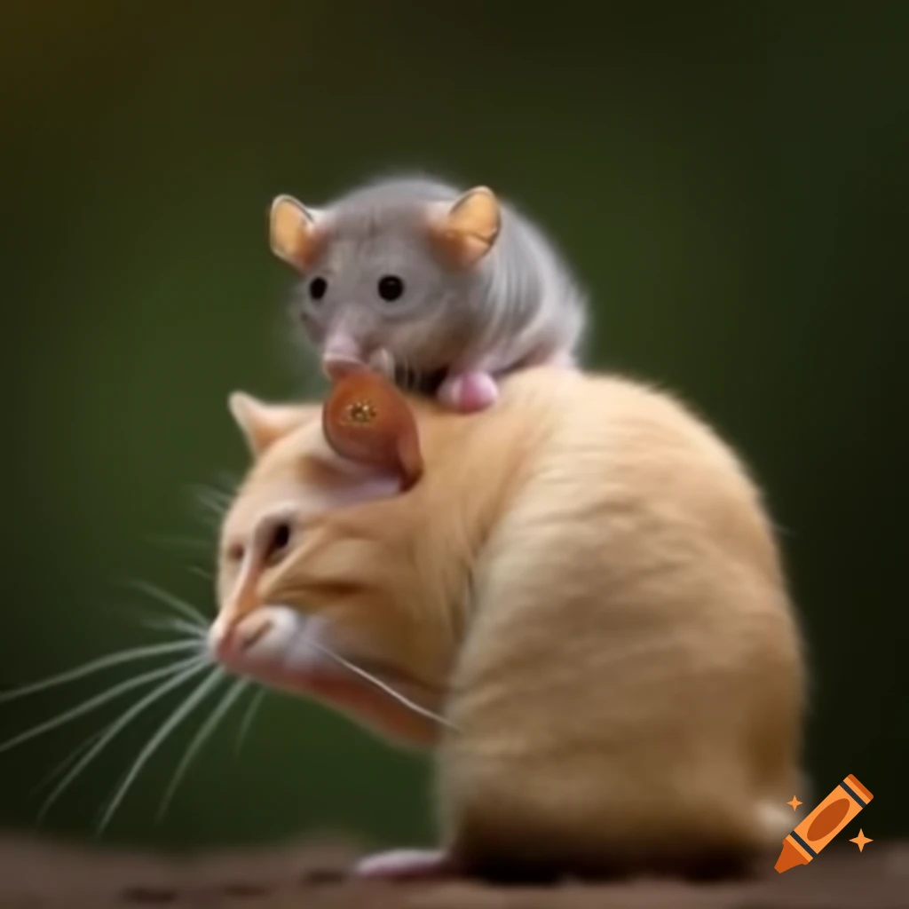 Rat perched on kitten's back showcasing unlikely friendship on Craiyon