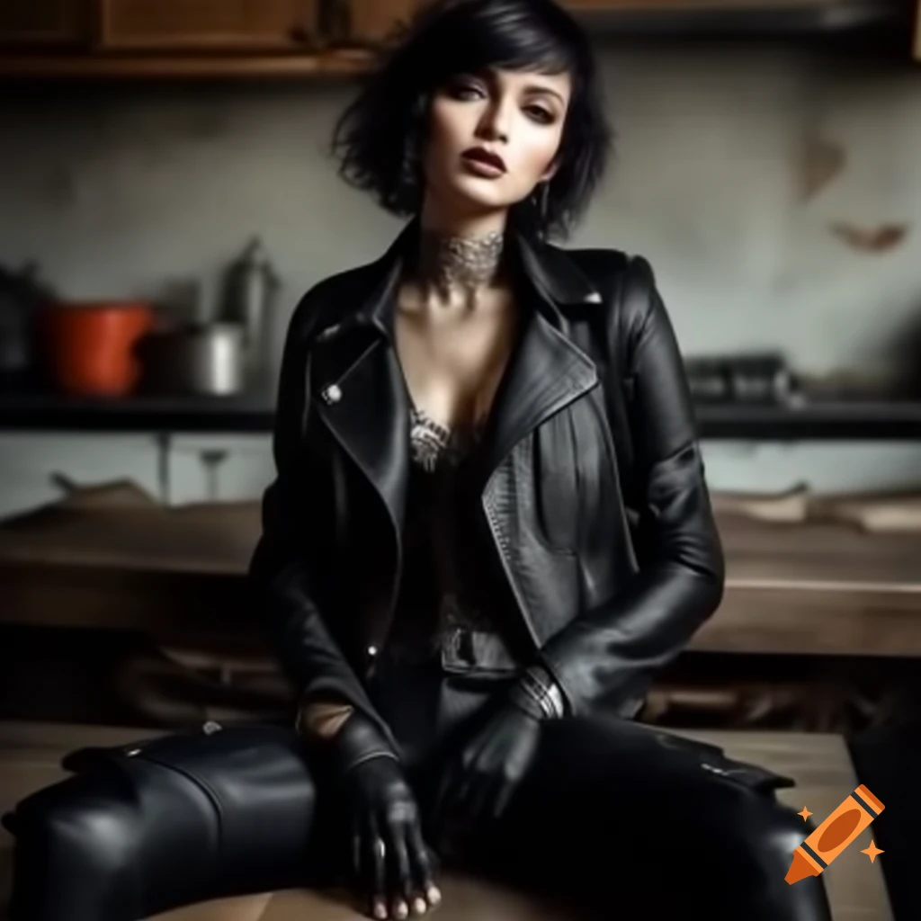 Punk-style portrait of actress Olga Kurylenko in black leather outfit in derelict kitchen on Craiyon