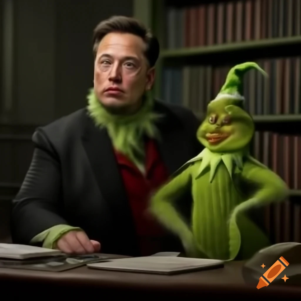Elon Musk depicted as the Grinch elf on the shelf in a whimsical style ...