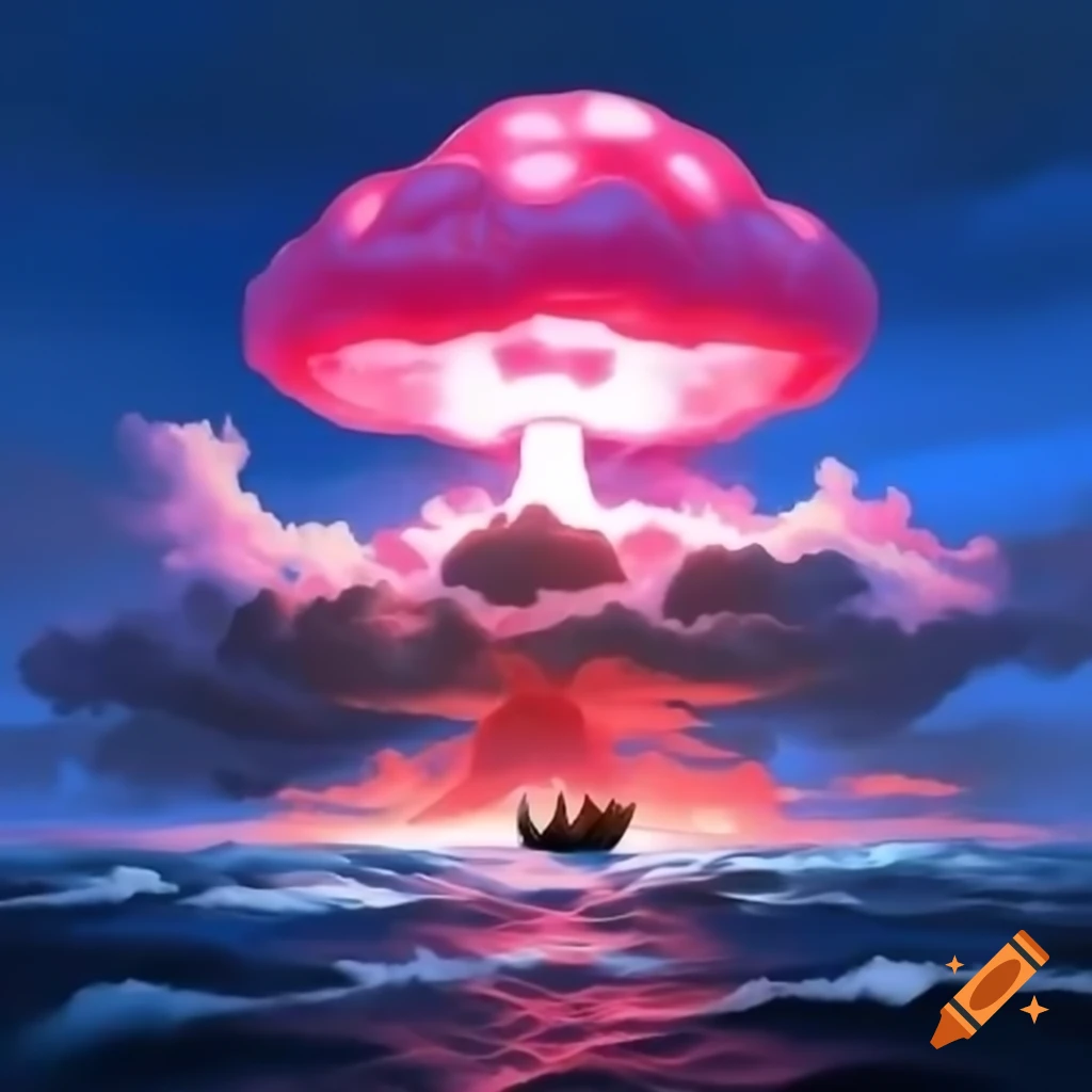 Bright pink nuclear mushroom cloud above ocean with man in small boat ...