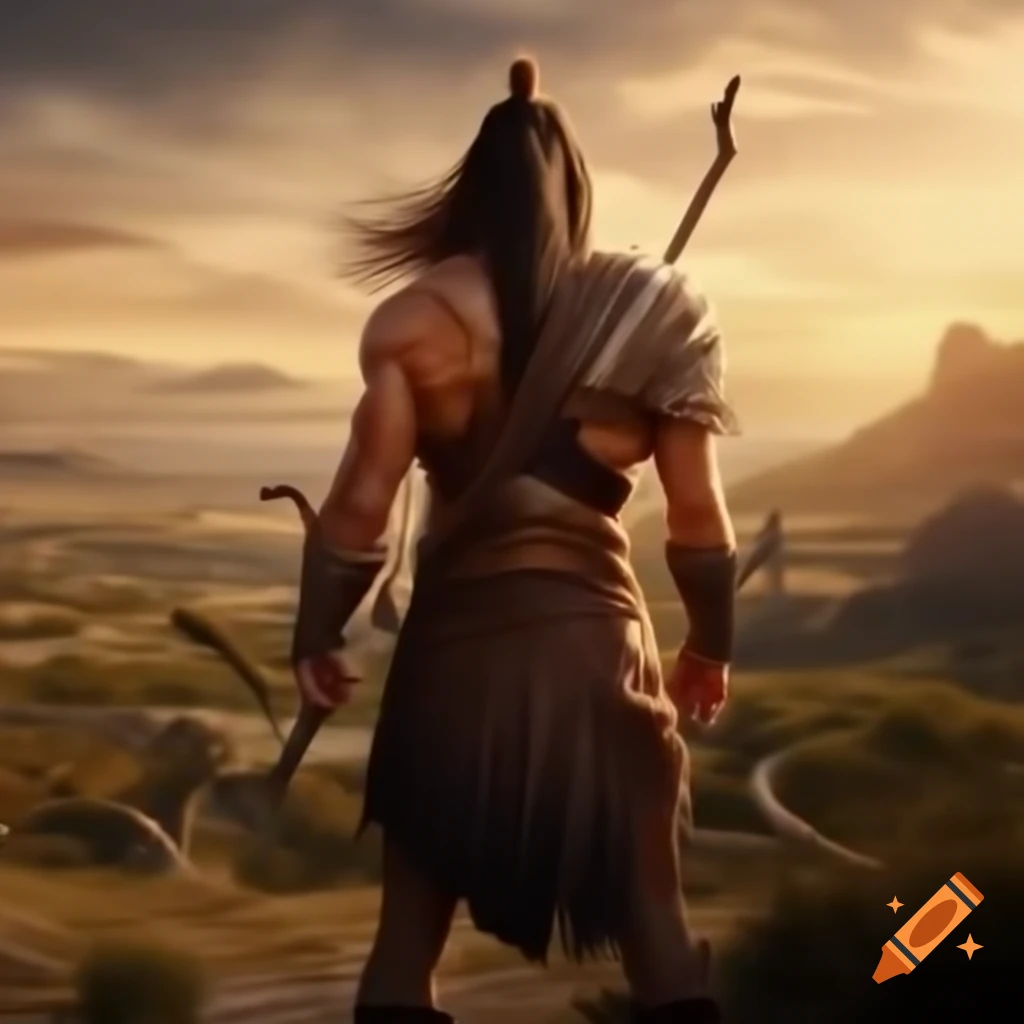 Brooding warrior resembling Conan at dawn in ancient Greek landscape on ...
