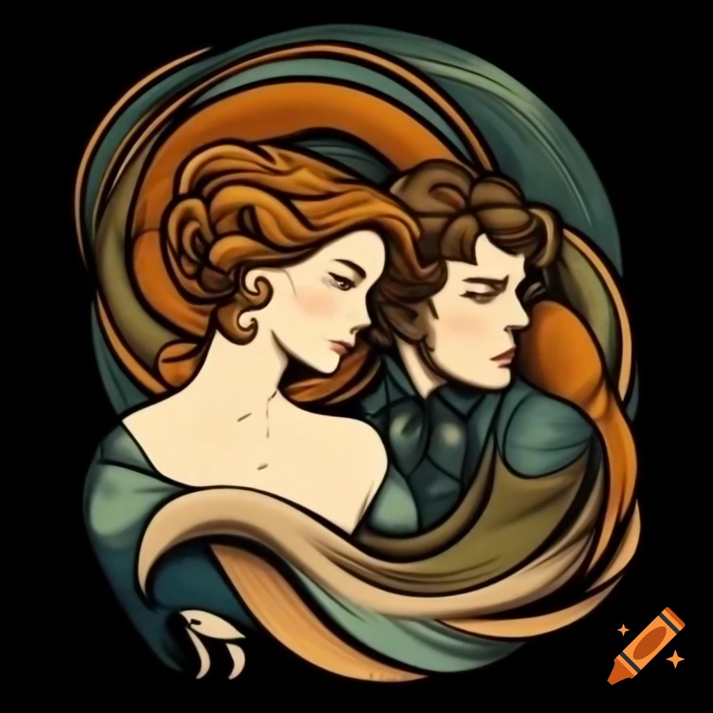 Ethereal faerie couple in Alphonse Mucha-style art nouveau oil painting ...