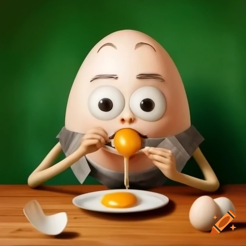 Humpty Dumpty character humorously eating an egg on Craiyon