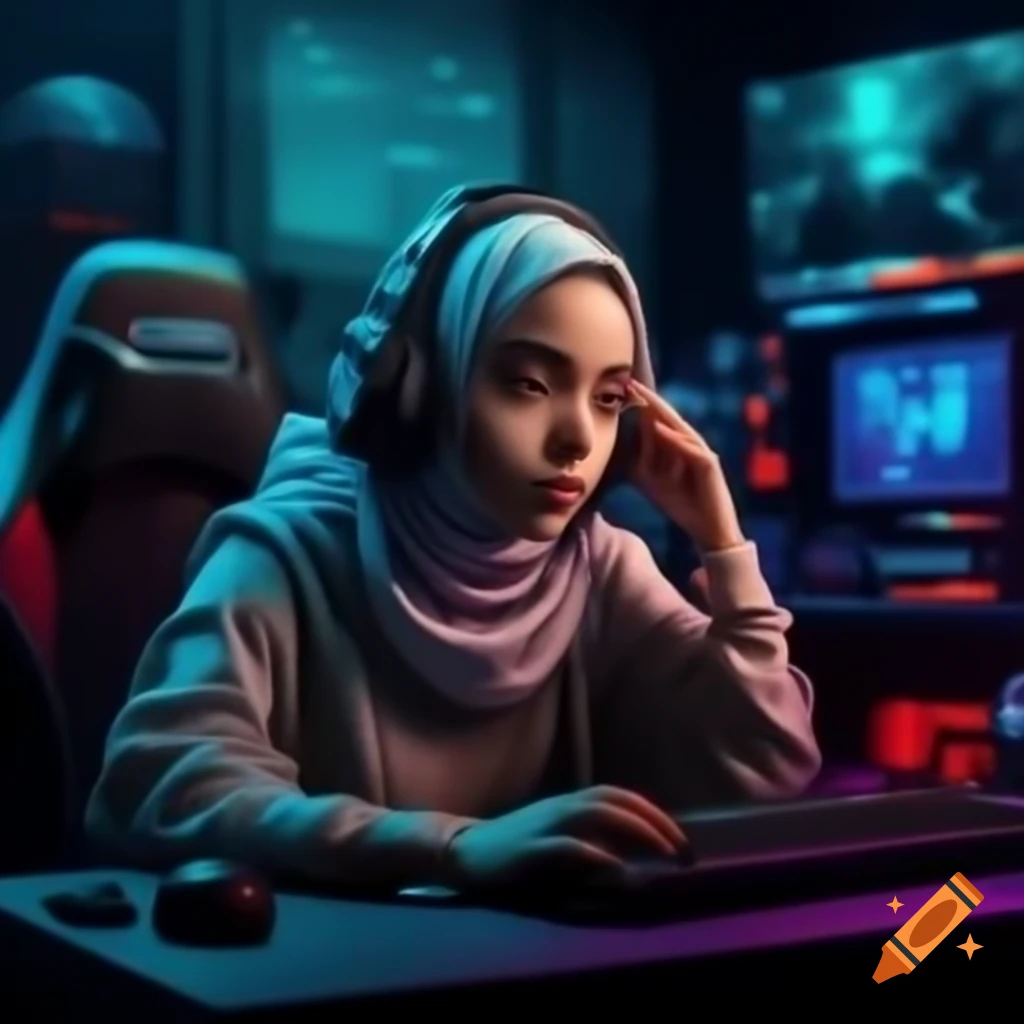Hyper-realistic gamer girl in hijab in high-tech gaming bedroom on Craiyon