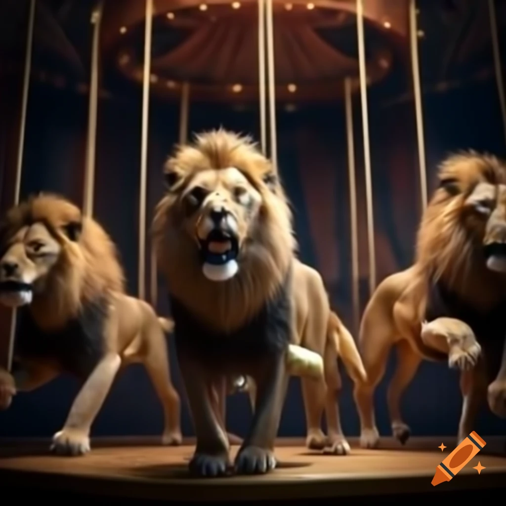 Lions performing in a circus setting on Craiyon