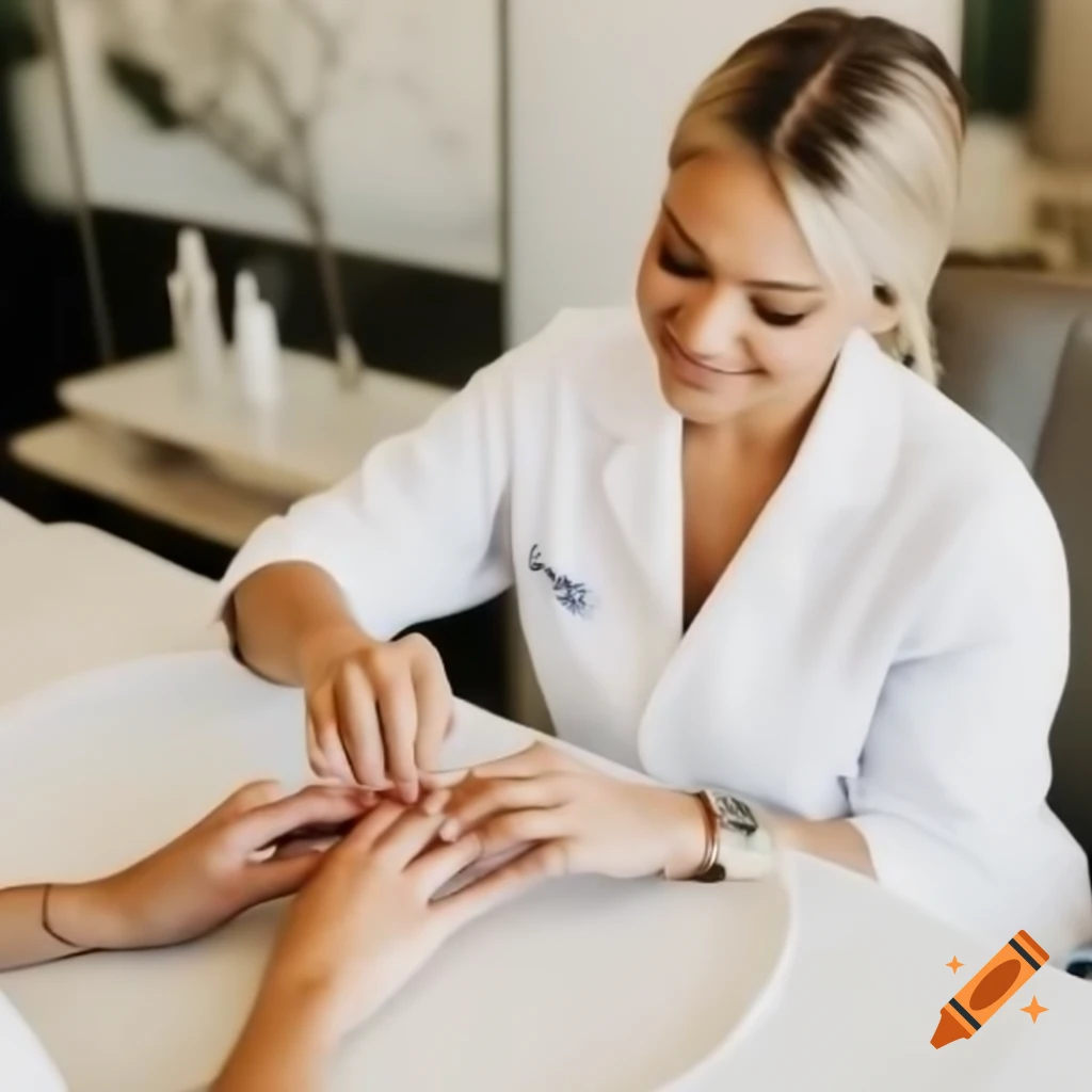 Nail technician manicuring client's nails in a stylish zen salon on Craiyon