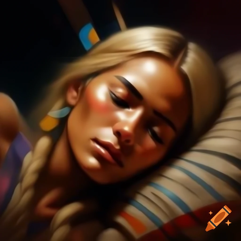 Highly detailed painting of a sleeping blonde in native american style ...