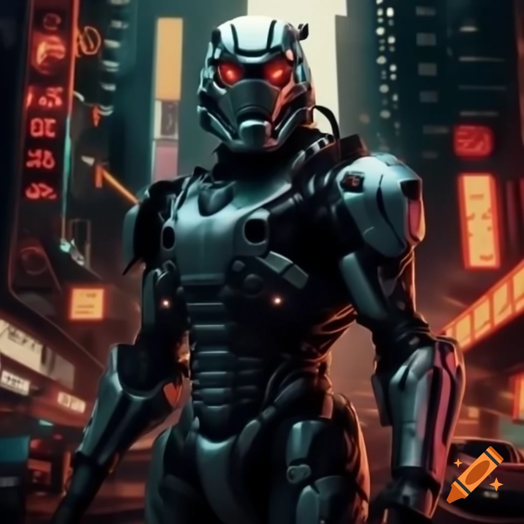 Chrome mantis with glowing circuits in neon cityscape, pixel art on Craiyon