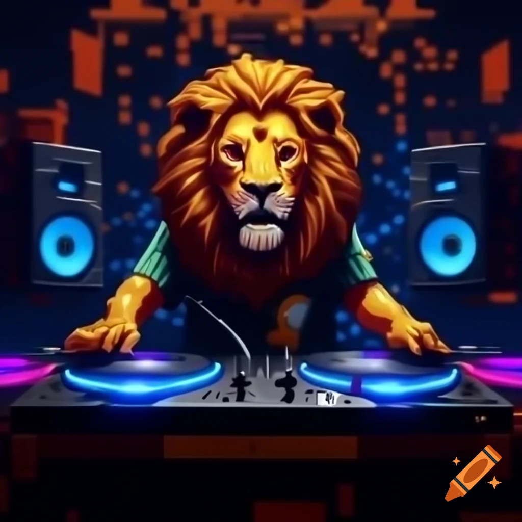 Retro-gamer DJ in lion mask spinning pixelated beats on Craiyon