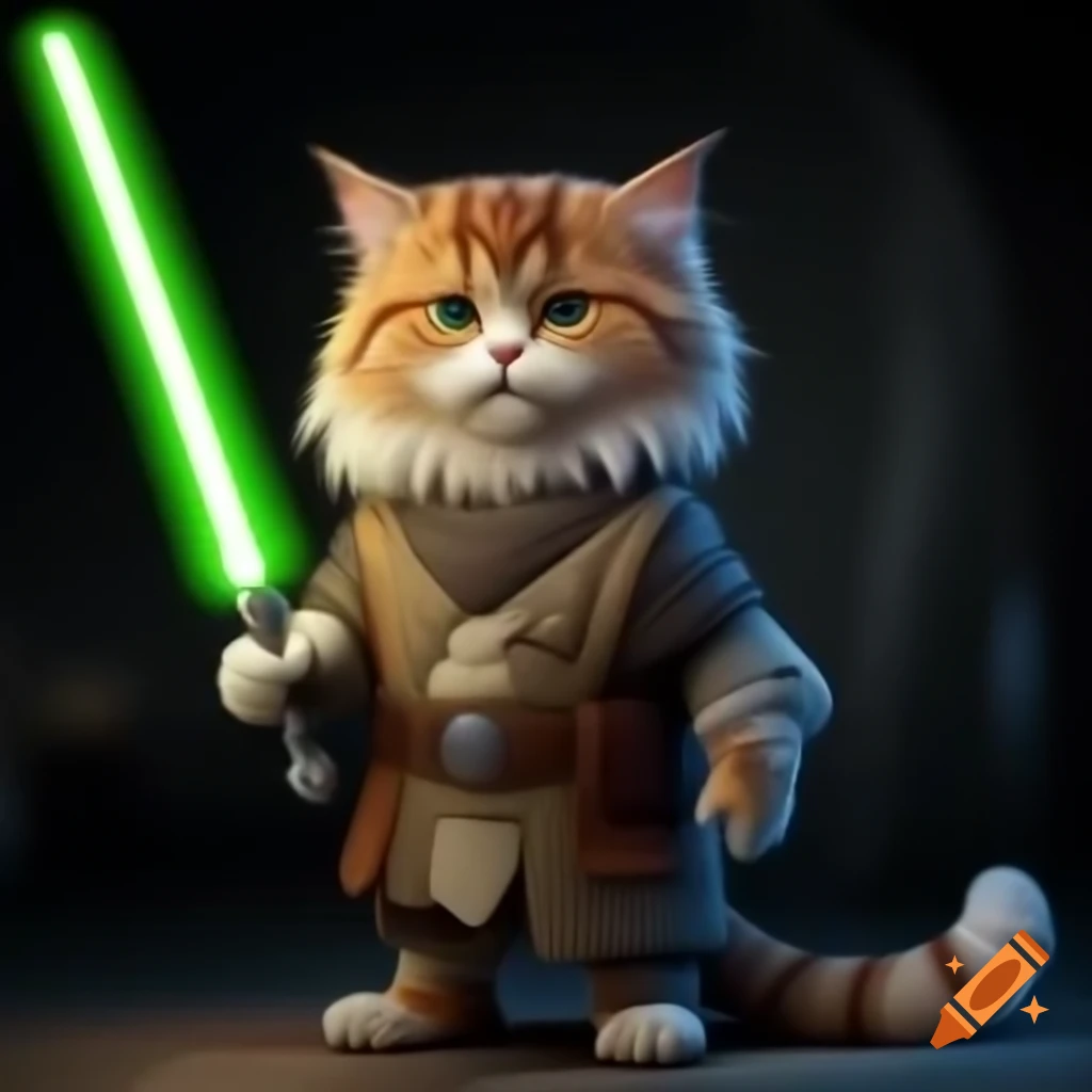 Cartoon Maine Coon cat with lightsaber and Rebel Alliance badge on Craiyon