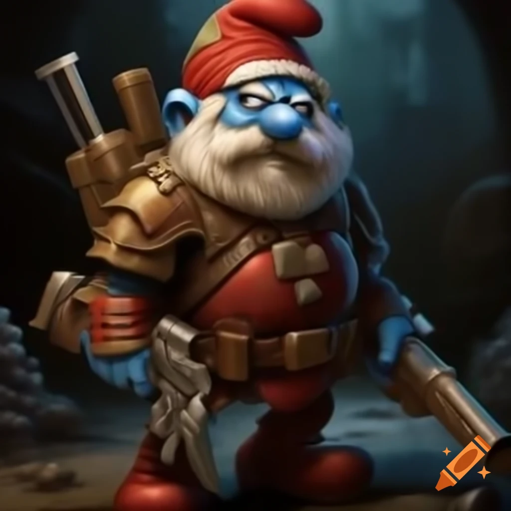 Papa smurf in christmas-themed battle armor holding a large gun on Craiyon