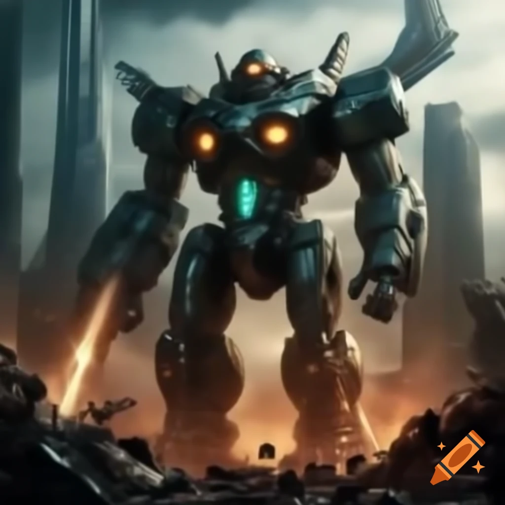 Massive mega robot with sleek design towering over battlefield on Craiyon